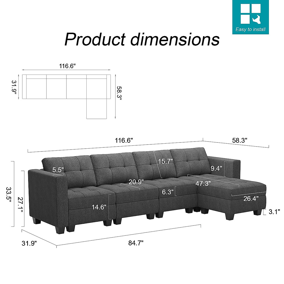 Belffin Convertible Modular Sectional Sofa Couch with Storage Seat L Shaped 4-Seat Sofa Couch with Reversible Chaise Modular Sectional Fabric Dark Grey