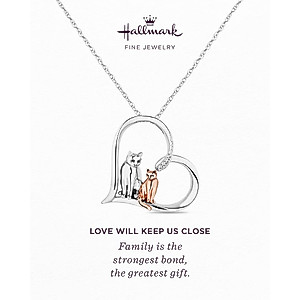 Love Will Keep Us Close Mother Child Cat Heart Necklace Pendant in Sterling Silver and 14K Rose Gold Plating with Diamonds