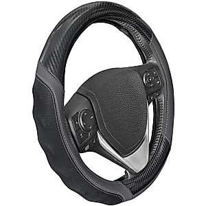 Motor Trend UltraSport Gray Carbon Fiber Steering Wheel Cover, Standard 15 inch Size, Black Faux Leather Comfort Grip, Car Steering Wheel Cover for Auto Truck Van SUV
