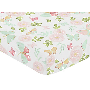 Sweet Jojo Designs Blush Pink, Mint and White Watercolor Rose Baby or Toddler Fitted Crib Sheet for Butterfly Floral Collection