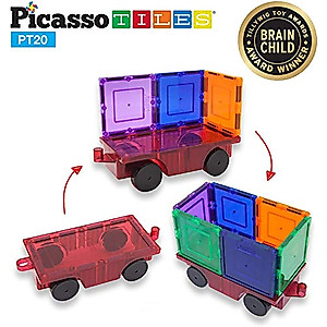 PicassoTiles 2 Piece Car Truck Construction Kit Toy Set Vehicle Educational Magnet Building Tile Magnetic Blocks Puzzle Magnets Toys with Re-Enforced Hitch and Long Bed for Girls Boys Toddler Ages 3+