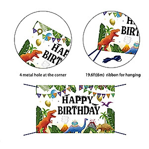Watercolor Dinosaur Happy Birthday Banner Backdrop, 73'' x 43'' Jungle Theme Dinosaur Birthday Party Decoration Supplies Photography Background for Boys