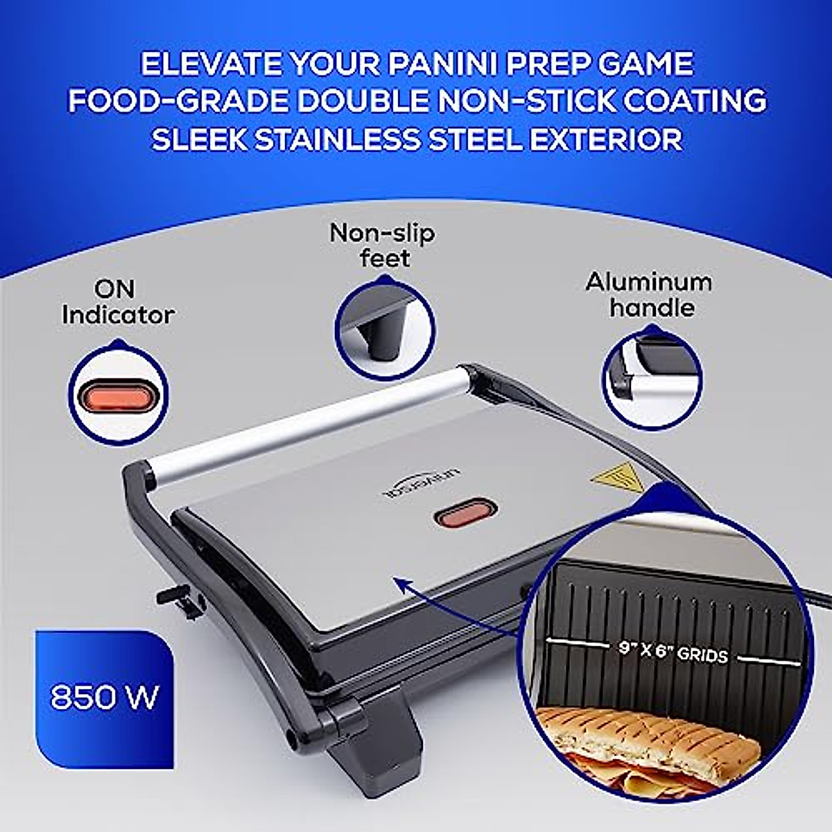 Universal Mini Panini Press 850W, Breakfast Sandwich Maker, Mini Grill, Non-Stick 9"x6" Grids | Fit Food of Up to 2" Thick, Perfect for Grilled Cheese, Panini, Burgers, Sausages, and Vegetables