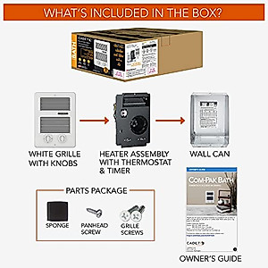 Cadet Com-Pak Bath Electric Wall Heater Complete Unit with Thermostat and Timer (Model: CBC103TW, Part: 65101), 3415 BTU, 240/120 Volt, 1000 Watt, White