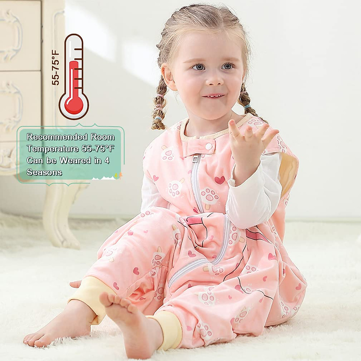 MICHLEY Unisex Baby Wearable Blanket Autumn Winter Toddler Sleeveless Sleeping Bag with Feet,Cat,1-3T