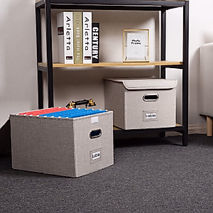 PRANDOM File Organizer Box - Set of 4 Collapsible Decorative Linen Filing Storage Hanging File Folders with Lids Office Cabinet Letter Size Light Grey (15x12.2x10.75 inch)