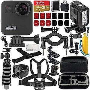 GoPro MAX 360 Action Camera with Deluxe Accessory Bundle – Includes: SanDisk Extreme 32GB microSDHC Memory Card, Rechargeable Underwater LED Light, Protective Carrying Case & Much More