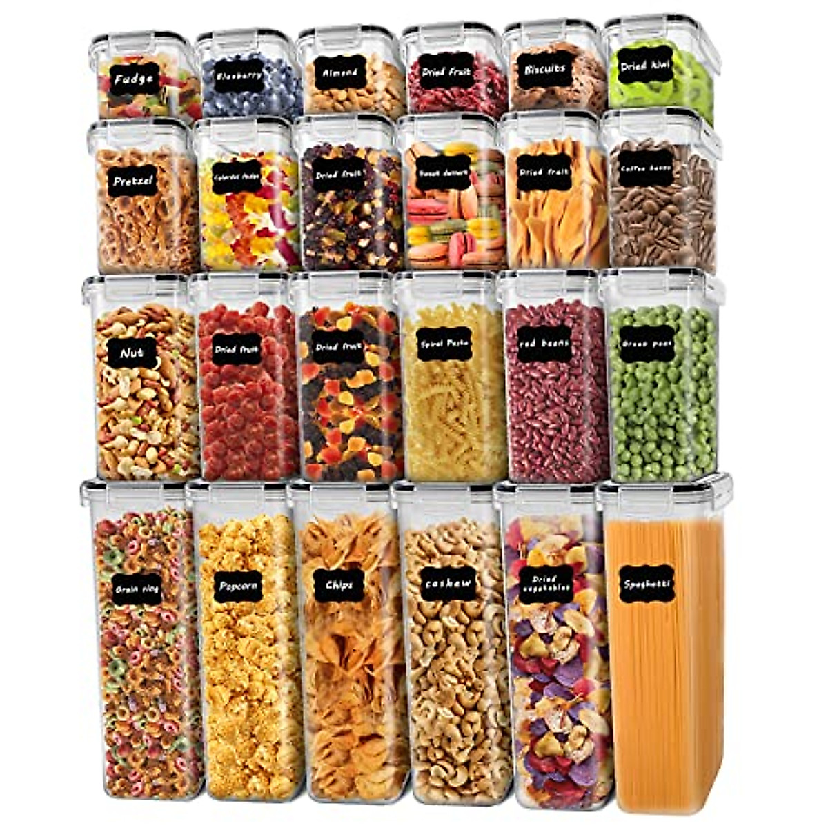 DDF iohEF 24 Pack Cereal Containers Storage Set, Airtight Food Containers, Kitchen Pantry Organization and Storage, BPA Free Plastic, for Pasta, Flour, Snack - Includes Labels, Marker & Spoons Set