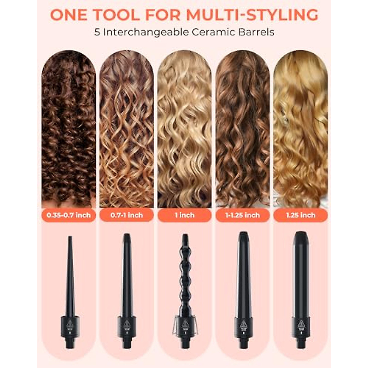 5 in 1 Curling Wand Set: Ohuhu Curling Iron Wand 5Pcs 0.35 to 1.25 Inch Interchangeable Ceramic Barrel Heat Protective Glove 2 Clips Dual Voltage Hair Curler for Girls Women Mother Gift Black
