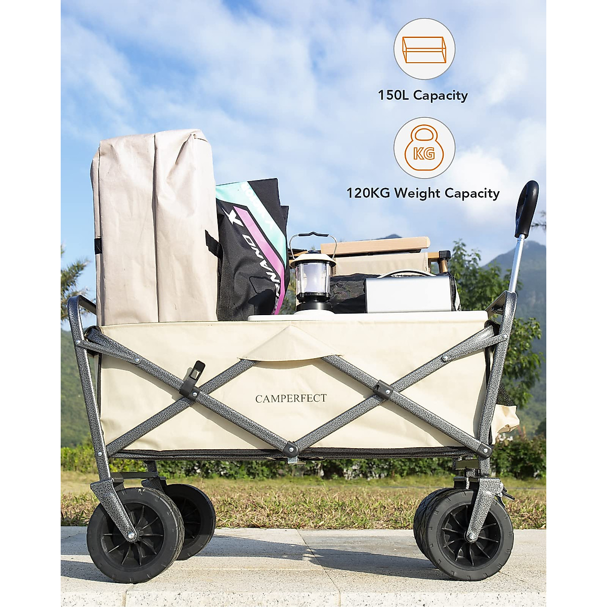CAMPERFECT Beach Wagon with Big Wheels - All-Terrain Outdoor Cart for Camping, Sports, Shopping - Foldable Wagon with Adjustable Handle