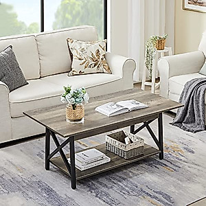 GreenForest Coffee Table Large 43.3 x 23.6 inch Rustic Farmhouse with Storage Shelf for Living Room, Easy Assembly, Gray WASH