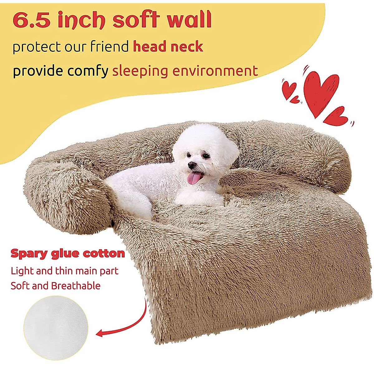 HACHIKITTY Calming Dog Sofa Bed Mat, Washable Plush Couch Cover for Dog, Furniture Protector Pet Sofa Mat for Dogs and Cats, Fluffy Dog Couch Bed with Anti-Slip Bottom (40"x 38"x 6", Camel)