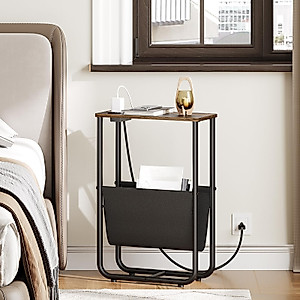 YATINEY Narrow End Table with Charging Station, Slim Side Table with Storage, Skinny End Table with Magazine Holder, Narrow End Table, Nightstand for Bedroom, Living Room, Rustic Brown ET05BR