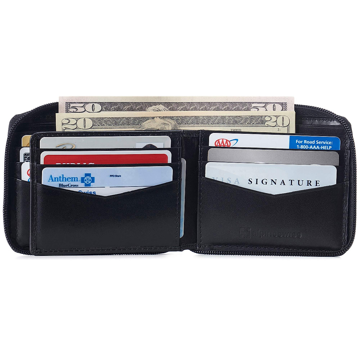 Alpine Swiss Logan Zipper Bifold Wallet For Men or Women RFID Safe York Collection Smooth Finish Black