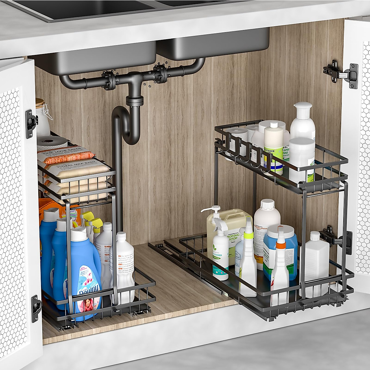 Under Sink Organizers and Storage, MEGAGURU 2-Tier L-Shape Heavy Duty Metal Pull Out Cabinet Organizer for Under Sink Organizer, Multi-Purpose for Under Kitchen Bathroom Sink Organizers and Storage