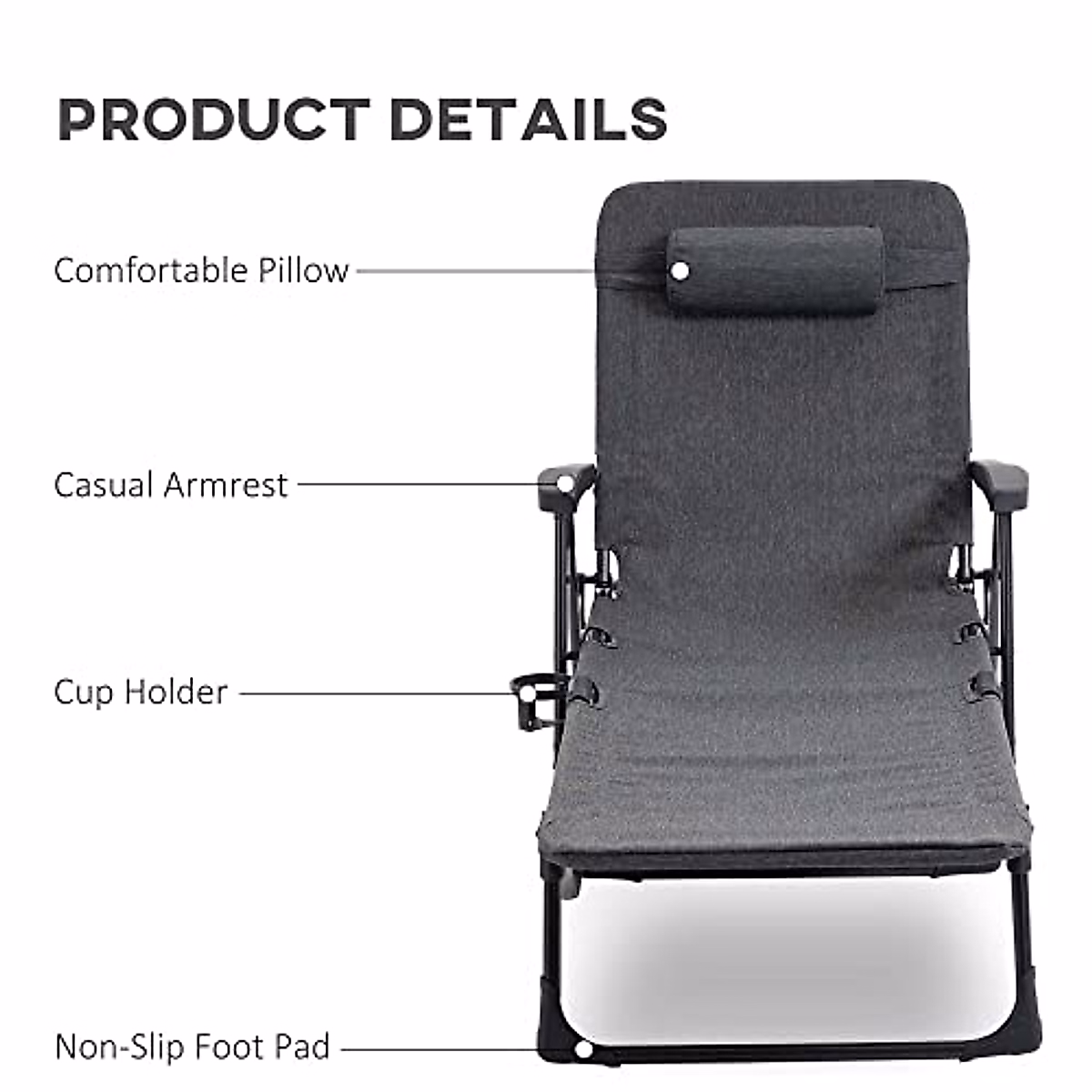 Outsunny Outdoor Folding Chaise Lounge Chair, Mesh Fabric Pool Chair with Adjustable Backrest, Pillow and Cup Holder for Poolside, Deck, and Backyard, Grey