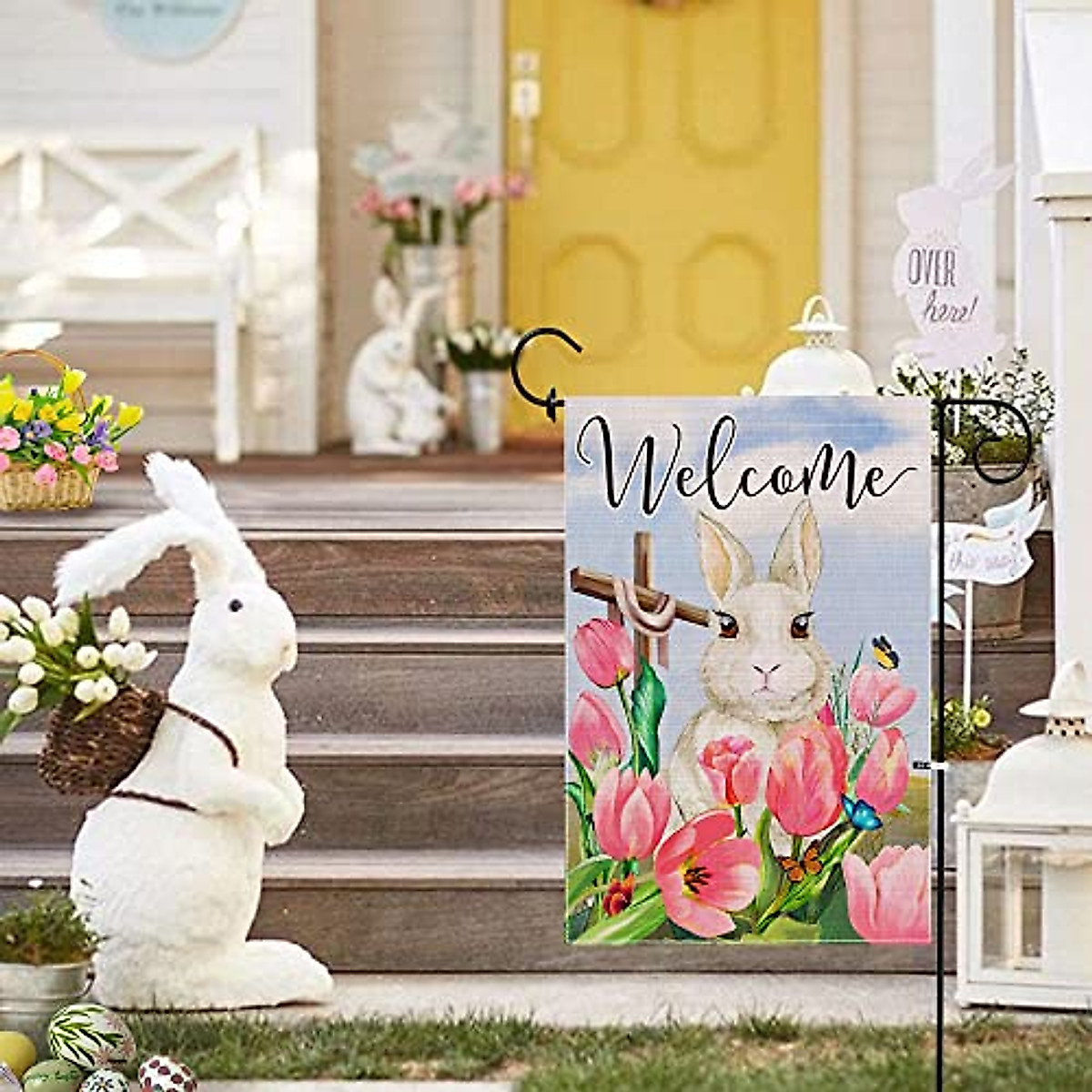 Hexagram Easter Garden Flag, Bunny Easter Flag 12x18, Spring Tulip Flowers Decorations for Outside Outdoor Yard, Farmhouse Easter Bunny Small Flag, Decorative Burlap Welcome Sign Banner Outdoor Decor