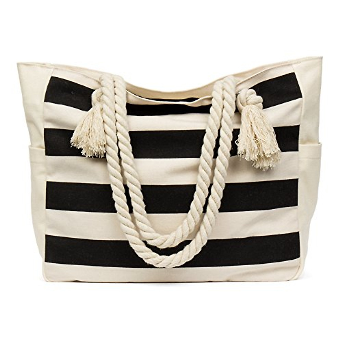 Malirona Large Beach Travel Tote Bag Canvas Shoulder Bag with Cotton Rope Handle (Black Stripes)