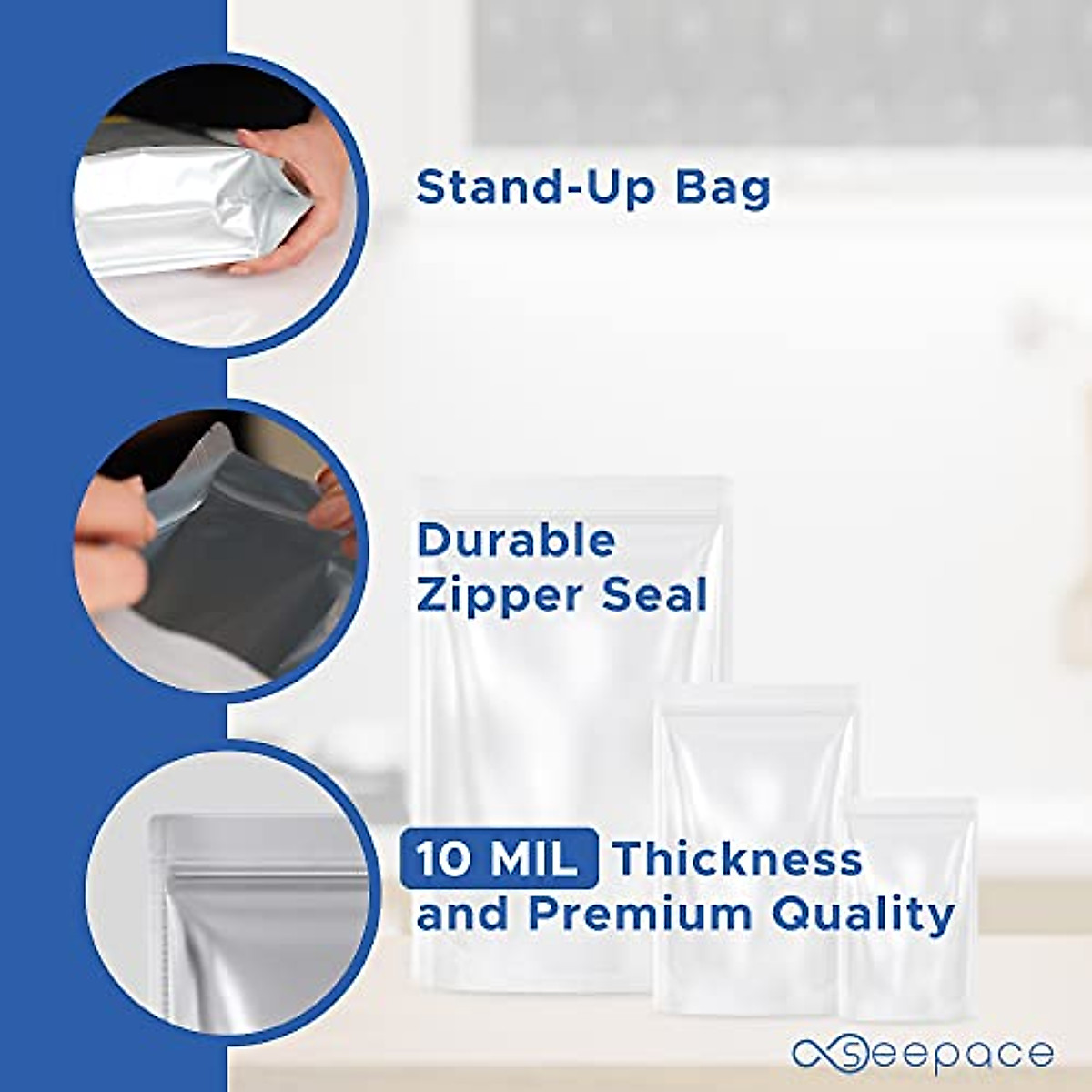 Seepace 100 Mylar Bags for Food Storage with Oxygen Absorbers 400cc(10 pack of 10) - 1 Gallon (30pcs) - 1 Quart (30pcs) - 1/2 Pint (40pcs) - 10 Mil Thick - 112 Labels - 10 Sealing Clips for Mylar Bags