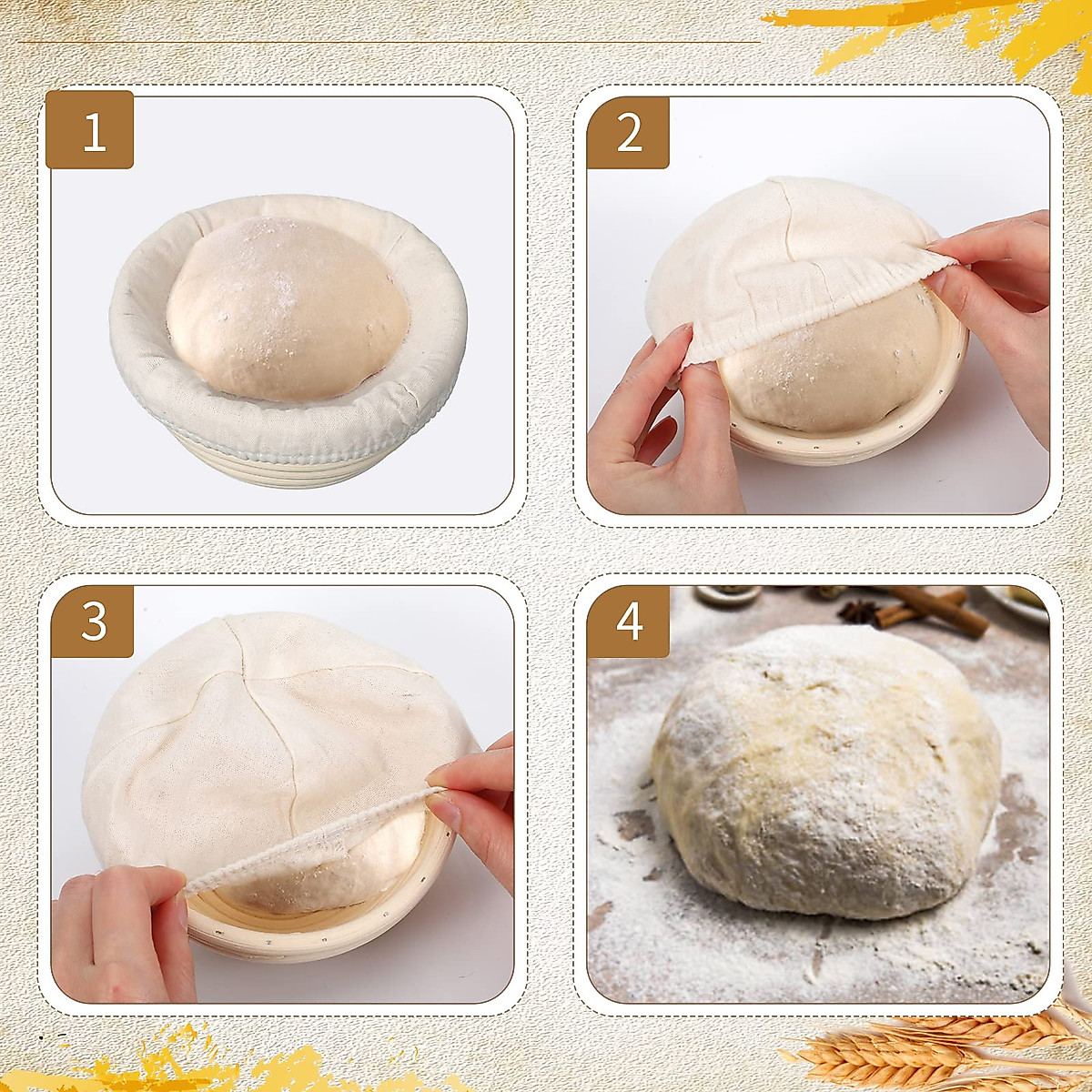 Irenare 10 Pcs Bread Banneton Proofing Basket Round Dough Sourdough Proofing Basket Rattan Bakery Baking Bread Bowl with Liner and Scraper Tool Set for Starter Gifts Professional Home Bakers (5 Inch)