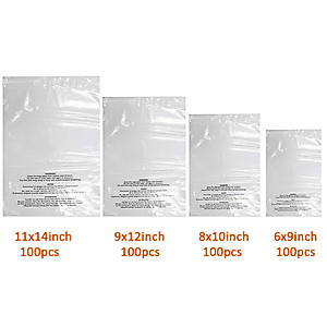 Belinlen 400 Count Combo Pack Warning Bags - 6x9, 8x10, 9x12, 11x14 Inch Self Seal Clear Poly Bags with Suffocation Warning with Permanent Adhesive, Strong Adhesive, Not Resealable (1.5mil)