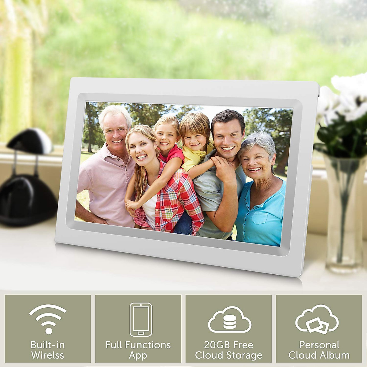 10" HD IPS Display Wi-Fi Cloud Frame, Touchscreen, Increased 20GB Free Cloud Storage, APP Send Real-time Photos, Social Media, Streaming Music and Movie
