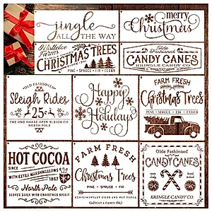 10 Pieces Large Christmas Stencils for Painting on Wood, Reusable Merry Christmas Stencil Candy Cane Christmas Tree Farm Template Holiday Stencils for Wood Sign DIY Crafts (10Pieces large christmas-1)