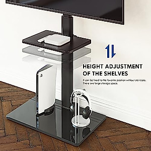 FITUEYES Universal TV Stand for 32 39 40 43 49 50 55 60 Inch TVs, TV Floor Stand with Swivel Mount, Max Holds 66lbs, Black Glass Base, Height Adjustable, Perfect for Corner & Bedroom