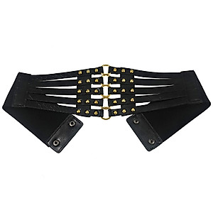 Fashion Women's PU Leather Wide Waist Belt Hollow Out Rivets Stretch Cinch Waistband