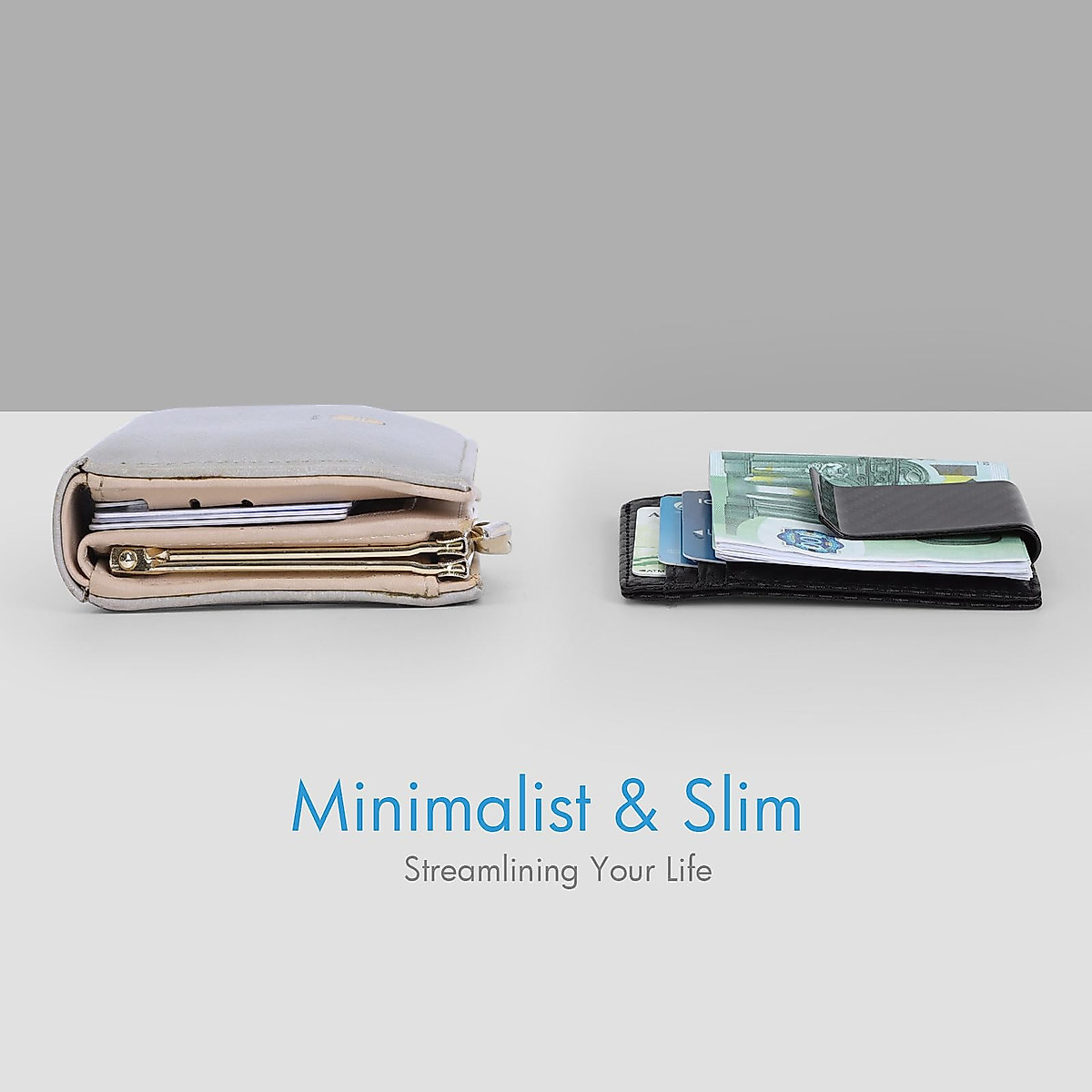 Travelambo Money Clip for Men Carbon Fiber Clip Wallet Leather Slim Minimalist Card Holder RFID Blocking (Weaved Black)