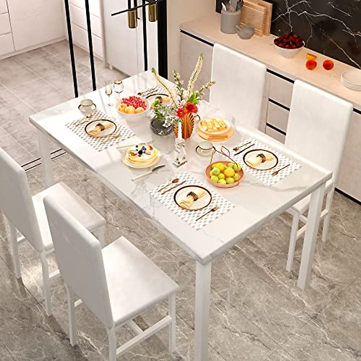 tantohom Faux Marble Dining Table Set, Compact Kitchen Table and Chairs for 4, 5 Pieces Dining Room Table Set with 4 Leather Upholstery Chairs for Small Space, Living Room, Breakfast Nook, All White