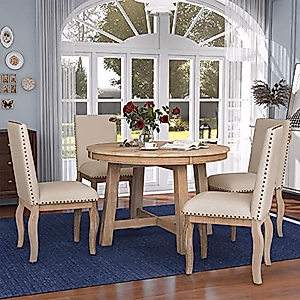 Mojay 5-Piece Dining Table Set with Wood Round Oval Dining Room Extension Table and 4 Upholstered Chairs, Natural Wood Wash Finish, Perfect for Dining Room