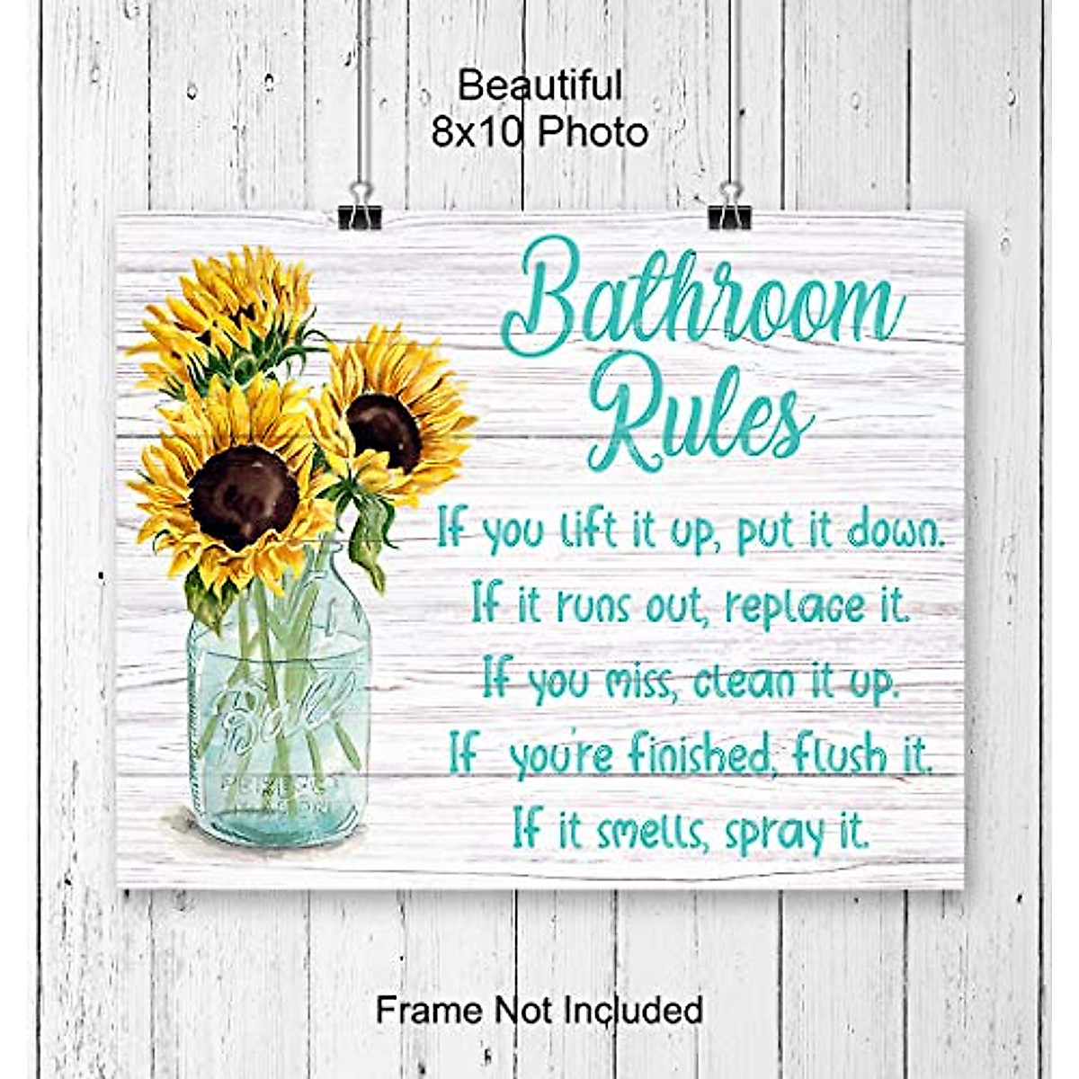 Bathroom Rules Wall Decor - Sunflower Wall Decor - Rustic Country Farmhouse Bathroom Decor - Powder Room Decor - Funny Blue Bathroom Decor - Restroom Sign - Bath Wall Art - Decorations - Unframed 8x10