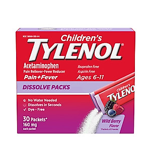 Tylenol Children's Dissolve Packs for Pain Relief, Fever Medication, 160 mg Acetaminophen, Dye Free, Kids' Powder Packets for Cold & Flu Symptom Relief; Wild Berry Flavor, 30 ct.; Pack of 1