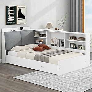 VilroCaz Twin Size Platform Bed with L-Shaped Storage Shelves and Upholstered Headboard, Solid Wood Daybed Frame with 2 Drawers and Rotatable Storage Board, Maximize Space (White-25)