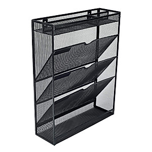 EasyPAG Desk File Organizer Mesh 5-Tier Hanging Wall Mount File Holder Desktop Vertical Mail Paper Folder Holder Stand Rack with Bottom Tray and Accessories Organizer for Office Home,Black