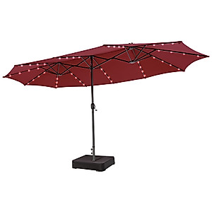 Tangkula 15FT Double-Sided Patio Umbrella with Solar Lights, Extra-Large Umbrella W/ 48 LED Lights & Auto-Charging Solar Panel, Outdoor Twin Market Umbrella W/Weighted Base Stand (Burgundy)