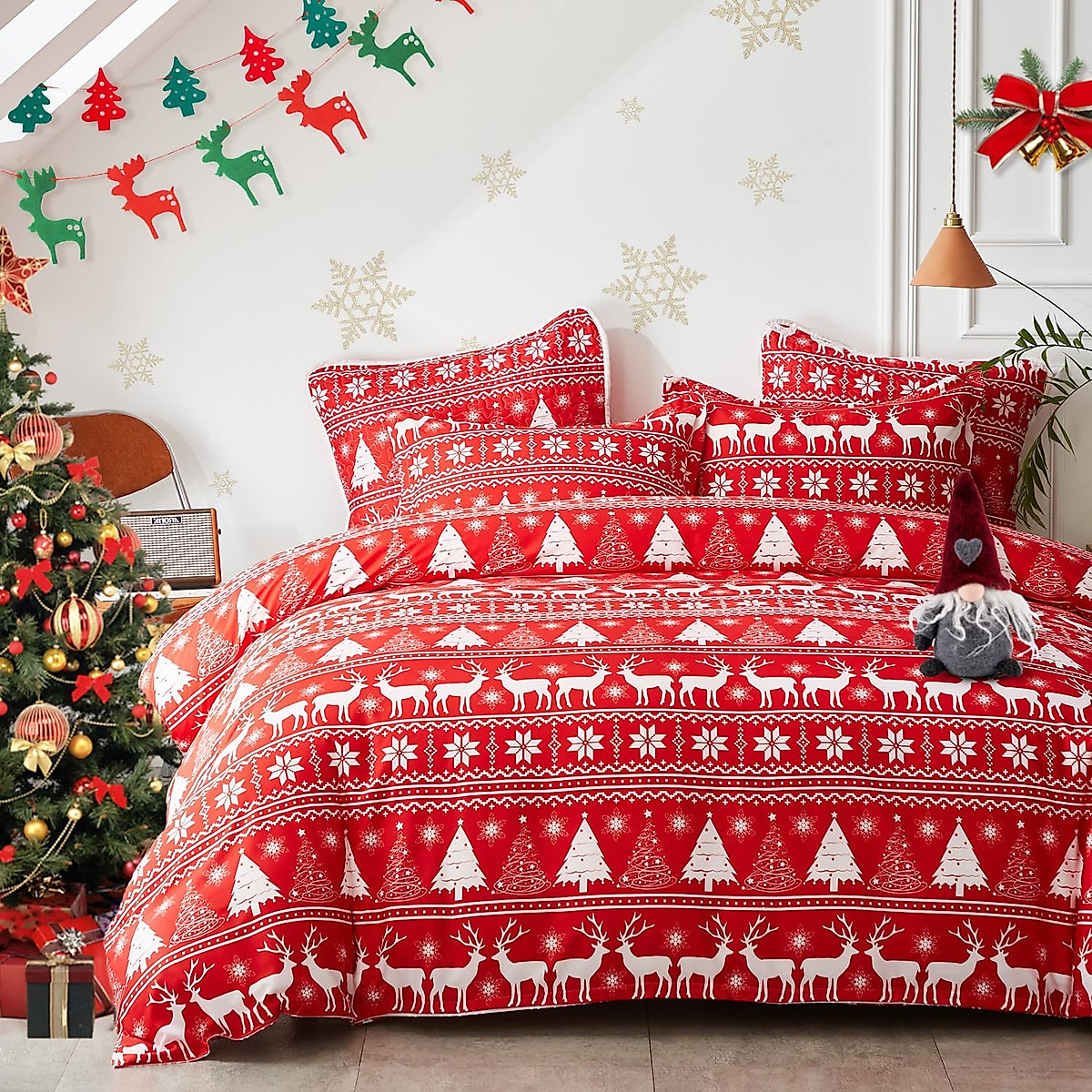 Flysheep Christmas Comforter Set 3 Pieces Twin Size 68x88 inches, Red White Snowflake and Deers Trees Reversible Design, Soft Microfiber Lightweight Bedding Sets for Kids