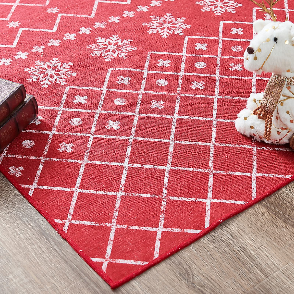 COLLACT Christmas Area Rug 4x6 Xmas Rug Modern Rug Christmas Kitchen Rugs Washable Rug Non Slip Moroccan Red Carpet Holiday Decor Geometric Soft Accent Rug for Bathroom Bedroom Dining Room Living Room