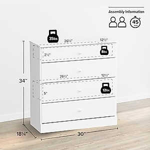 Prepac Astrid Simplistic 4-Drawer Dresser for Bedroom, Functional Bedroom Dresser Chest of Drawers 18.25" D x 30" W x 34" H, White, WDBR-0401-1
