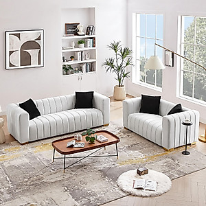 kevinplus 87.8'' Velvet Sectional Sofa Couch for Living Room, Modern Contemporary Chesterfield 3-Seat Sofa Couch for Apartment Bedroom Office, Strong Gold Metal Legs, 2 Pillows, White