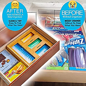 HEMSELA Ziplock Bag Organizer, kitchen drawer organizer with foil and plastic wrap, aluminum foil organizer, ziplock bag dispenser With Cutter, Compatible for Gallon, Quart, Sandwich & Snack (Wooden)