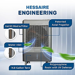 Portable Swamp Coolers - 5300 CFM MC61M Evaporative Air Cooler with 3-Speed Fan - Water Cooler Fan 1600 Sq. ft. Coverage High Velocity Outdoor Cooling Fan Swamp Cooler by Hessaire - Gray