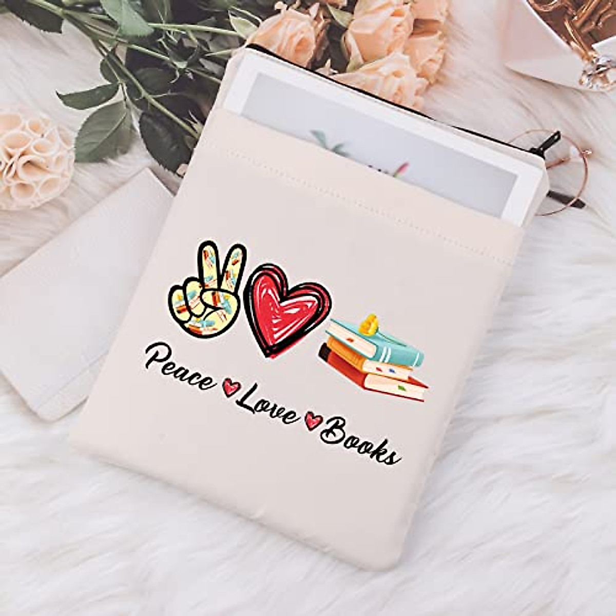 MNIGIU Funny Book Lover Gift Bookish Book Sleeve with Pocket Peace Love Book Protector Cover Kindle Book Sleeve (Peace Love Book)
