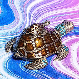 Waltz&F Turtle Trinket Jewelry Box with Sparkling Light Green Crystals,Hinged Trinket Box Hand-painted Figurine Collectible Ring Holder
