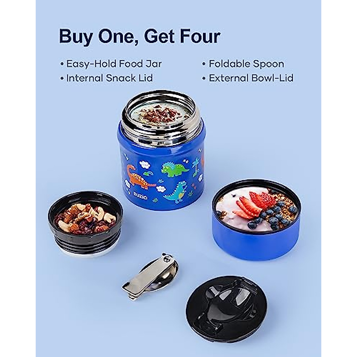 BUZIO Insulated Food Container for Kids Adult, 12oz Stainless Steel Vacuum Insulated Kids Food Jar with Folding Spoon, Leak Proof, Vacuum Insulated Thermo, Portable Food Bowl, Blue Dinosaur