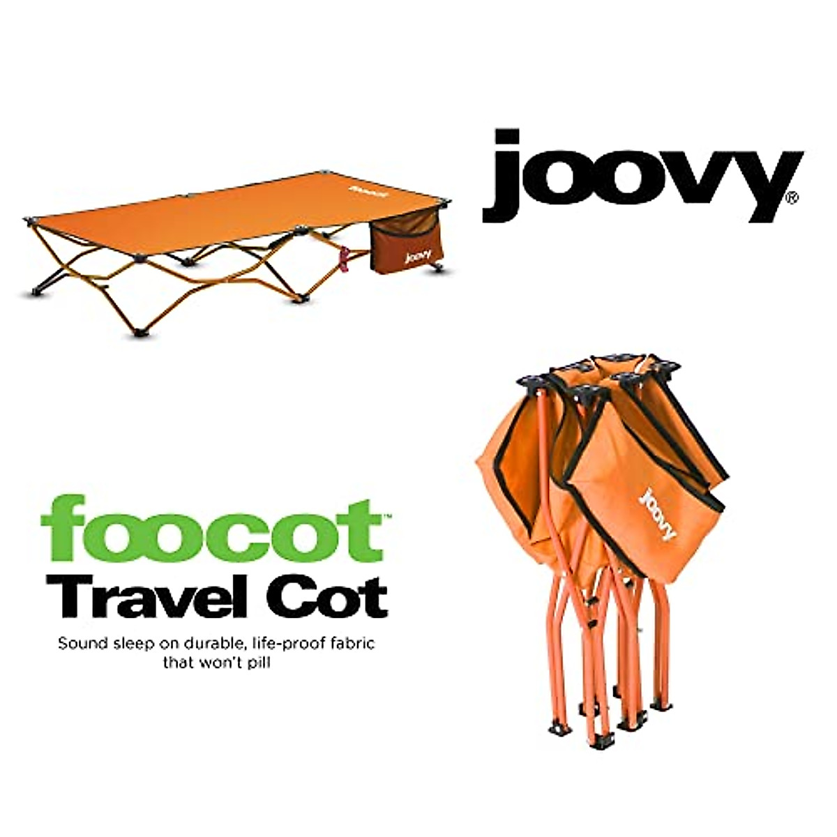 Joovy Foocot Travel Cot Featuring a Steel Frame and Tough Polyester Fabric, Storage Pocket, and Easily Folds into Included Travel Bag – Holds Kids Up to 48” Tall or 75 Lbs (Orange)