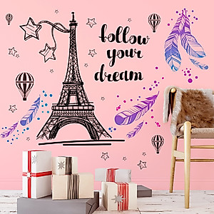 RW-4939 Giant Eiffel Tower Wall Decals Purple Feather Stars Vinyl Wall Stickers DIY Removable Balck Unique Paris Hot Air Balloons Stars Decor for Kids Teens Bedroom Living Room Nursery Decoration