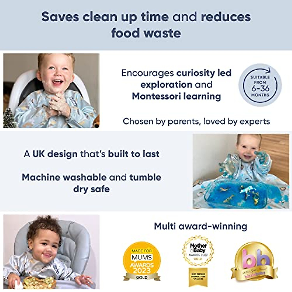 BIBaDO Feeding Coverall - Mess Proof Baby Weaning Bib 6-36 Months - Versatile Attachable Travel Apron - Waterproof Wipe Down Machine Washable