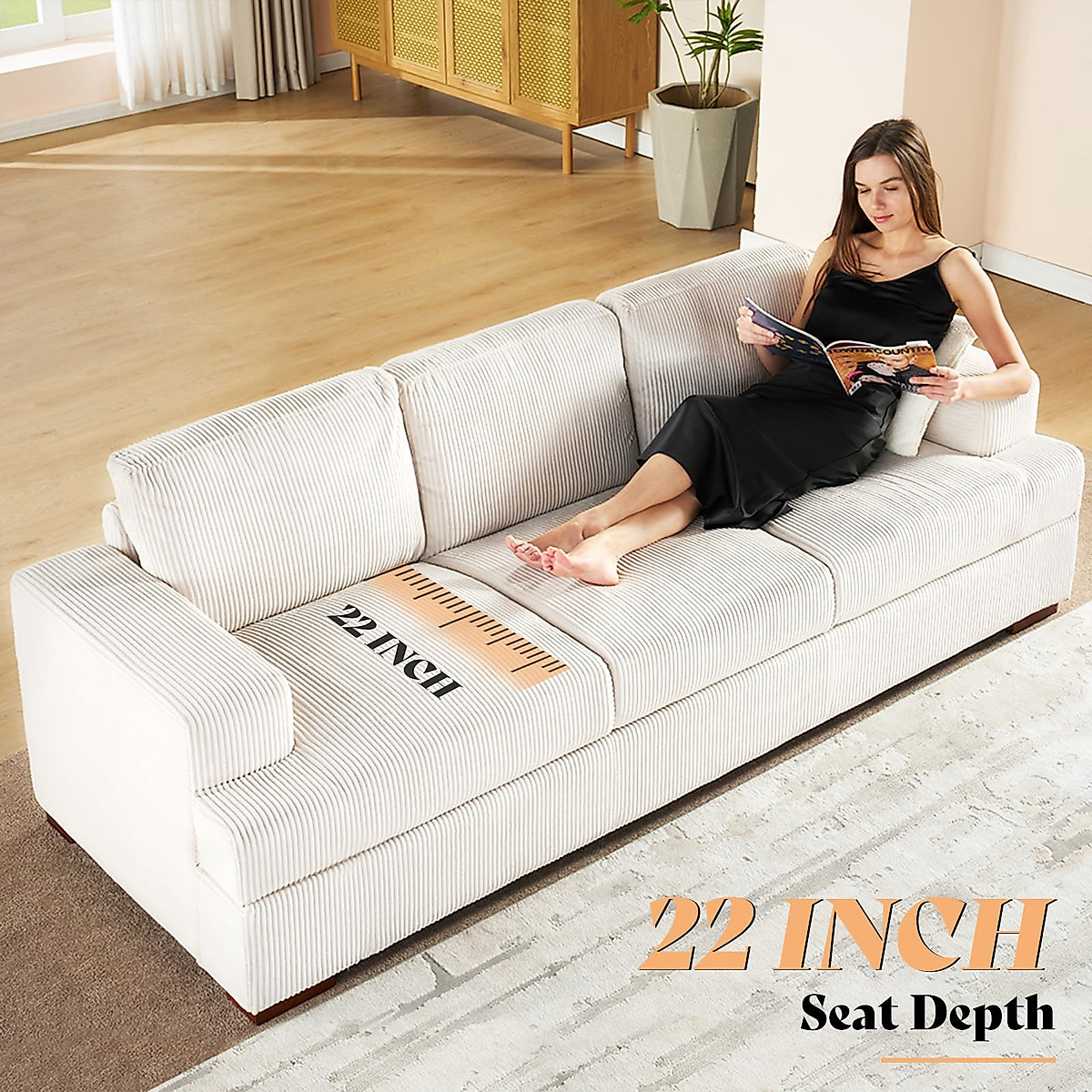 AMERLIFE 89in Couch, Comfy Sofa with Wood Legs, 3 Seater Modern Sofa- Deep Seat Couches for Living Room (Corduroy, White)